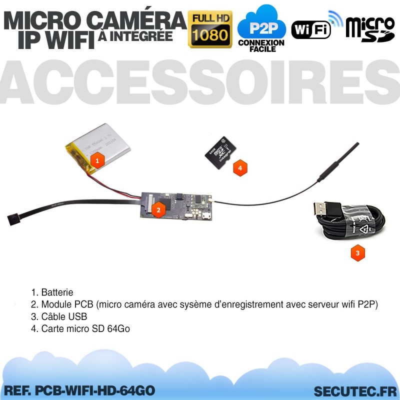 Micro caméra à intégrer HD 1080P IP WIFI détection de mouvement mémoire ...