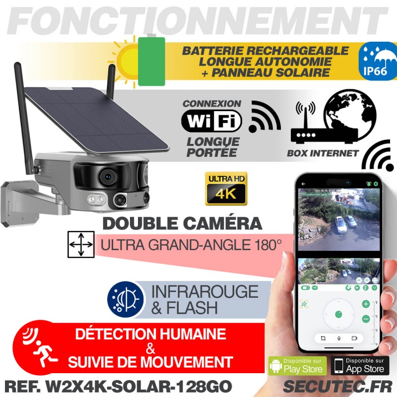 Caméra solaire WiFi Ultra grand angle double objectifs UHD 4K 8MP ...