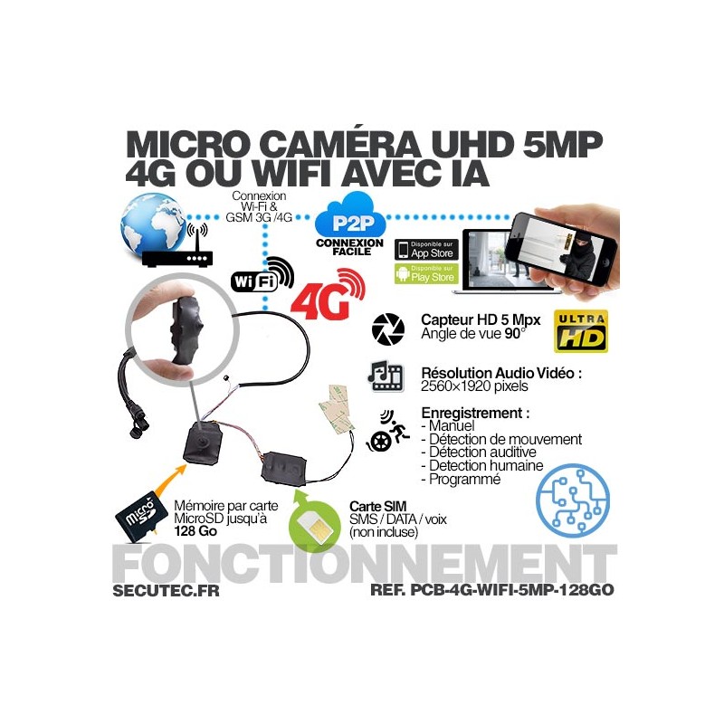 Micro caméra 4G ou WiFi à intégrer accès à distance via iPhone Android ...