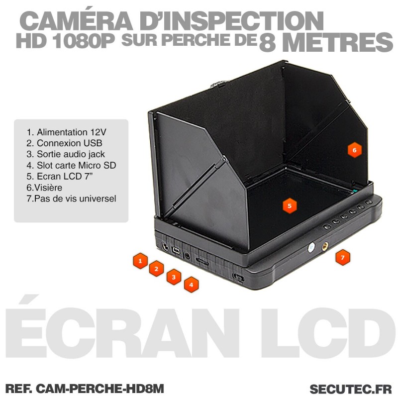 Caméra d'inspection HD 1080p avec perche 8m étanche et écran 7 pouces