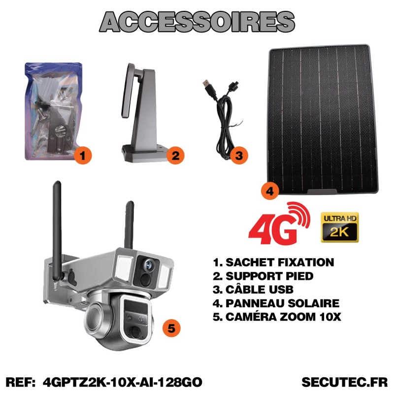 Triple caméra pilotable solaire 4G Ultra HD 2K waterproof Zoom X10 ...