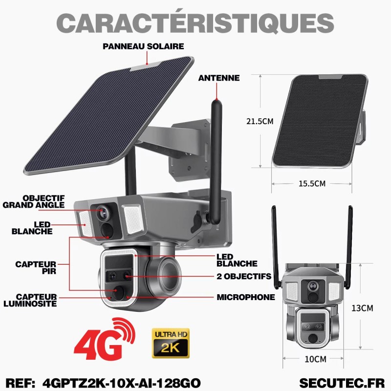 Triple caméra pilotable solaire 4G Ultra HD 2K waterproof Zoom X10 ...
