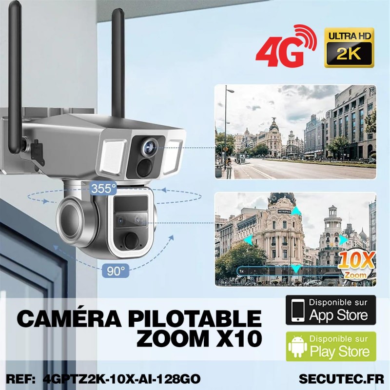 Triple caméra pilotable solaire 4G Ultra HD 2K waterproof Zoom X10 ...