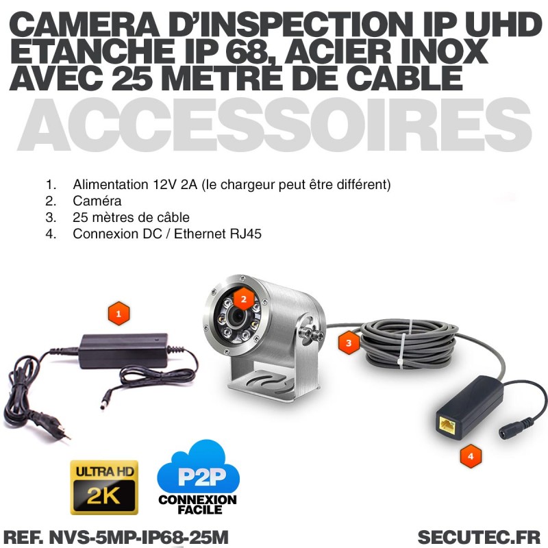 Caméra inspection sous marine IP Ultra HD 5 Mpx étanche 25 mètres en ...