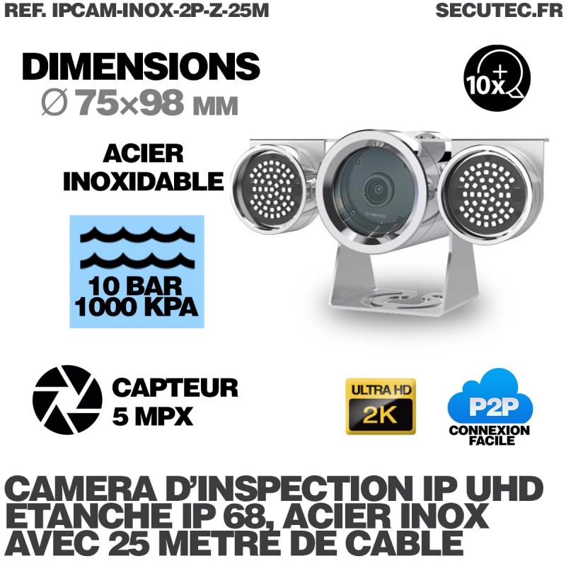 Caméra inspection sous marine inoxydable, Ultra HD 5 Mpx, connexion IP ...