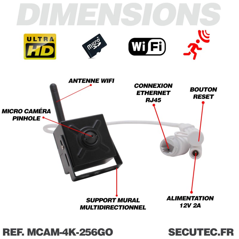 Micro caméra pinhole WiFi à intégrer enregistrement Ultra HD 4K alerte ...