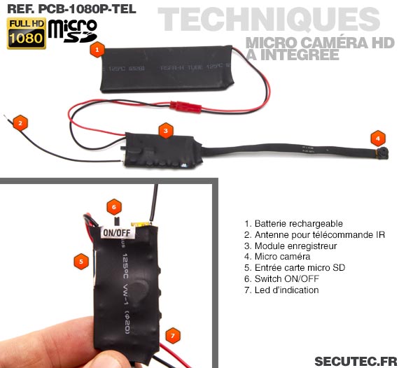 Micro caméra HD 1080P angle 90° avec télécommande, à intégrer, avec ...