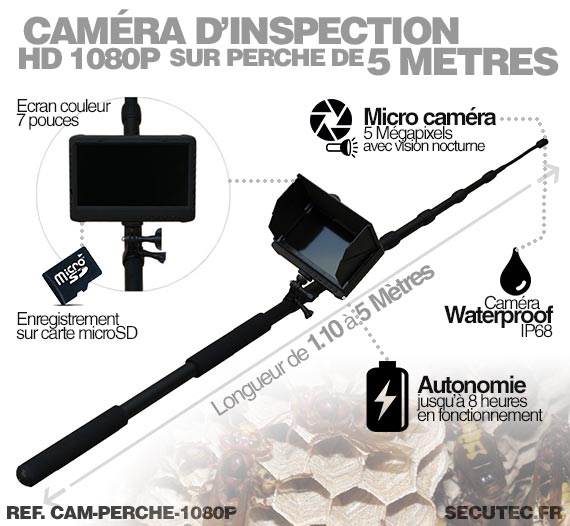 Caméra inspection avec perche 5 mètres waterproof HD 1080 avec écran ...