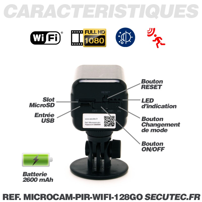 Micro caméra espion WiFi HD 1080P longue autonomie détection IR invisible