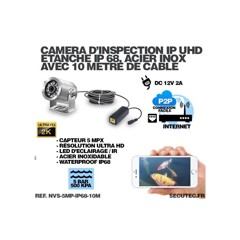 Caméra inspection sous marine IP Ultra HD 5 Mpx étanche 10 mètres en ...