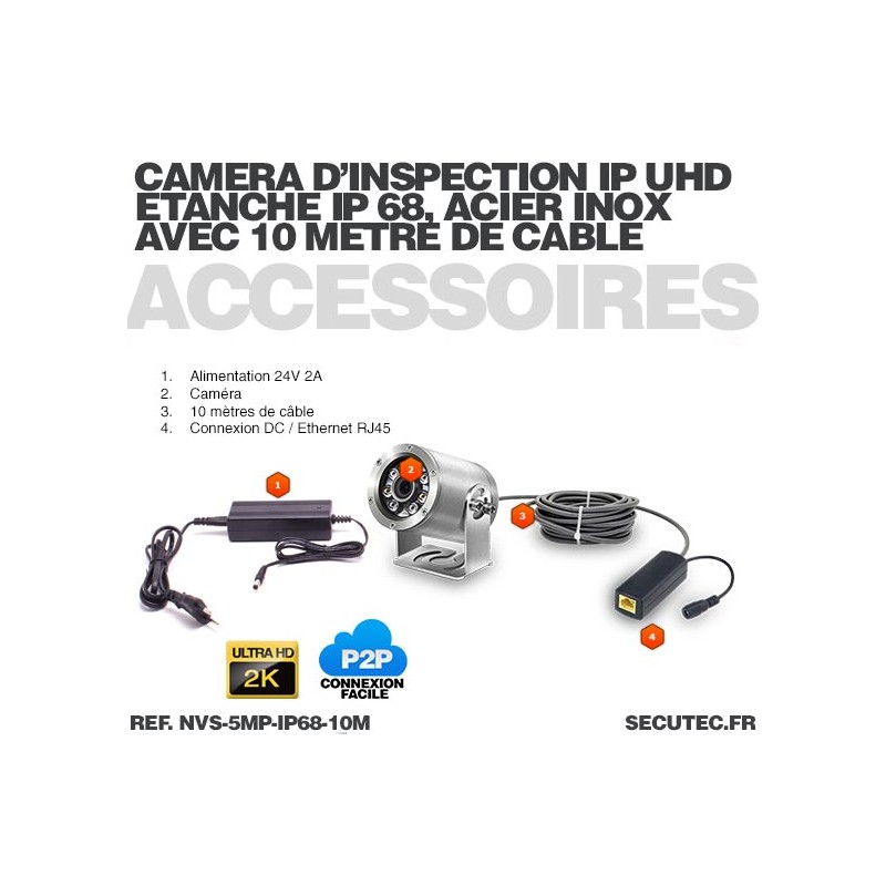 Caméra inspection sous marine IP Ultra HD 5 Mpx étanche 10 mètres en ...